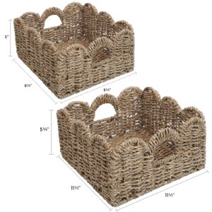 Scalloped Basket with Handles Wicker Storage Basket Nursery Seagrass Baskets for Shelf Decorative Organizing 2pc/set (Seagrass)