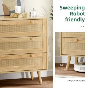 infurnic 3 Drawer Rattan Dresser for Bedroom, Modern Wooden Dresser Chest with Handles for Bedroom, Hallway and Living Room, Wood Oak