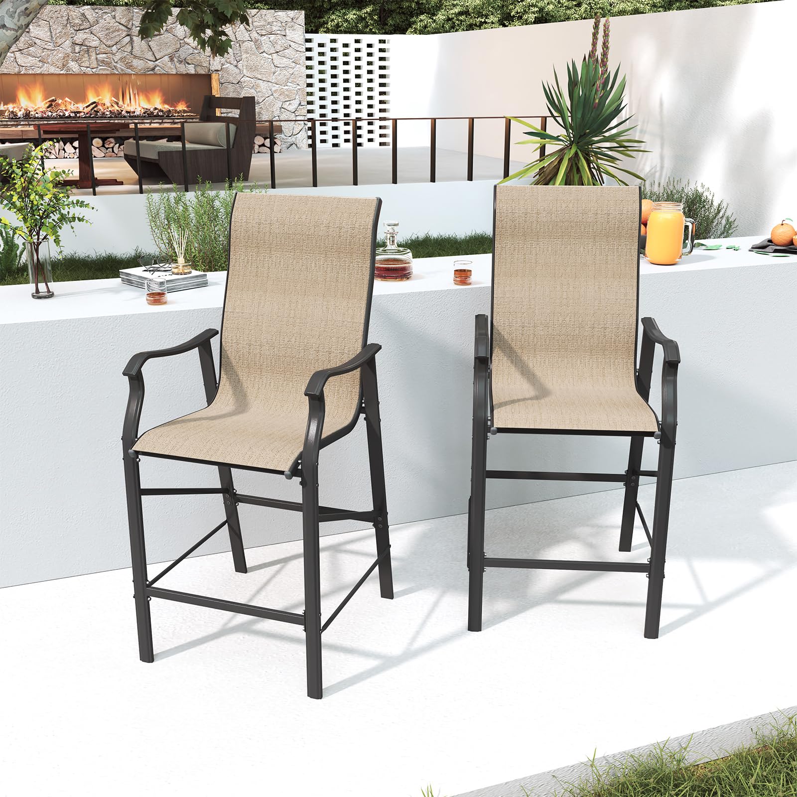 UDPATIO Patio Chairs Bar Stools Set of 2,Outdoor Bar Height Chairs with High Back and Armrest,Metal Frame and Breathable Textilene Material for Balcony,Pool,Backyard(Brwon)