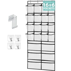 over the door shoe organizer, hanging shoe rack, back door shoe storage organizer wtih 2 style sturdy breathable ventilated visible mesh pockets and 2 style hooks for nursery, bedroom, living room