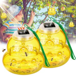 solar wasp trap outdoor hanging, new upgrade led blue light bee traps catcher, wasp insect killer, solar panel non-toxic reusable hornet yellow jacket trap for garden, yard (yellow-2 pack)