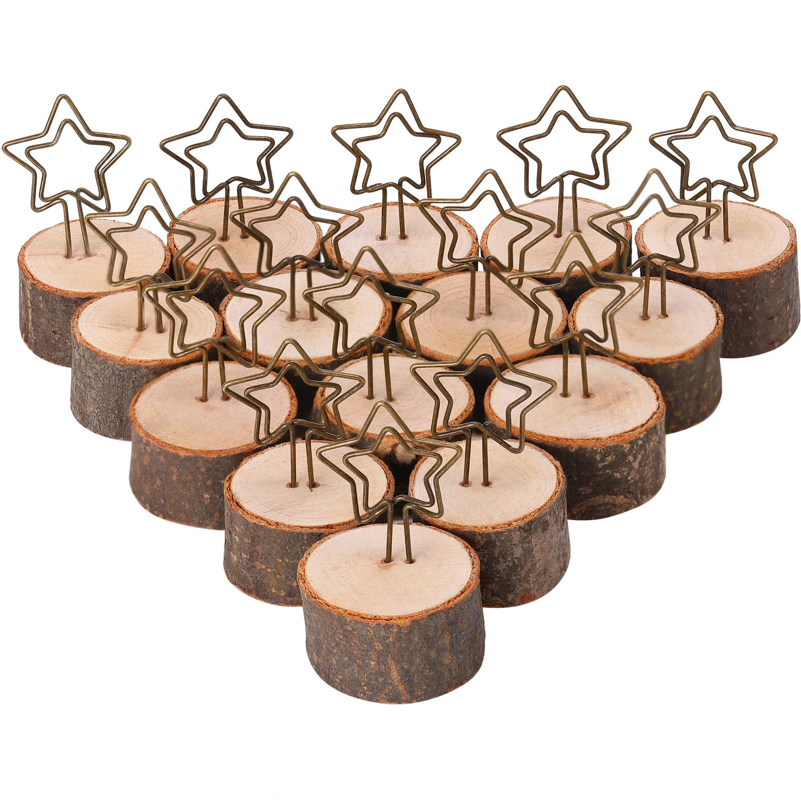 Teenyyou 15 Pcs Wood Table Number Holders Stands Christmas Wooden Base Place Card Holders Picture Holders for Centerpieces Rustic Iron Wire Picture Picks Clip Holder Stand (Star)