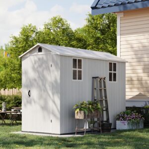 patiowell 4' x 8' outdoor storage shed with floor, plastic shed outside resin tool shed with two windows and lockable door for backyard garden patio lawn, light grey (fit-it shed)