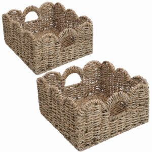 scalloped basket with handles wicker storage basket nursery seagrass baskets for shelf decorative organizing 2pc/set (seagrass)