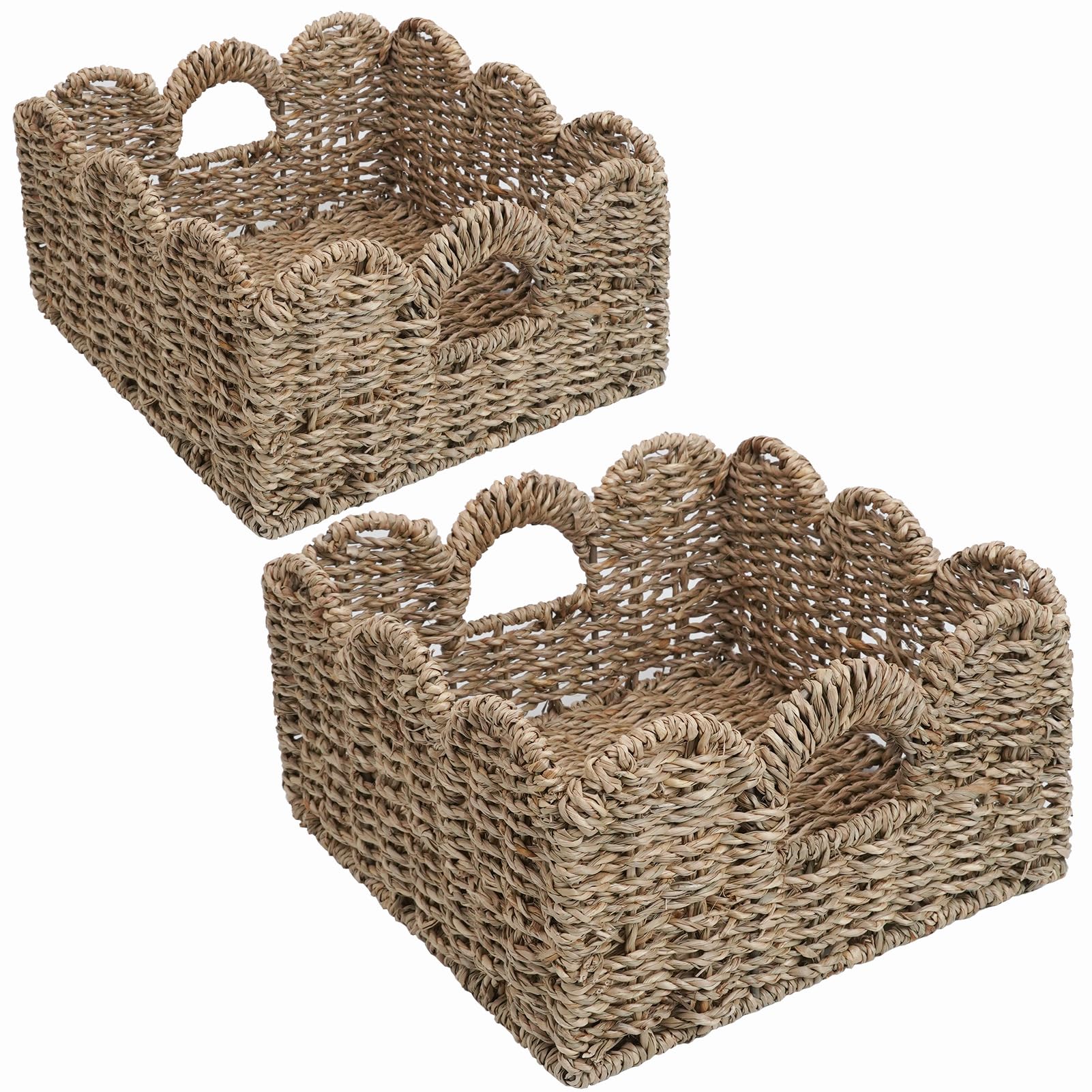 Scalloped Basket with Handles Wicker Storage Basket Nursery Seagrass Baskets for Shelf Decorative Organizing 2pc/set (Seagrass)