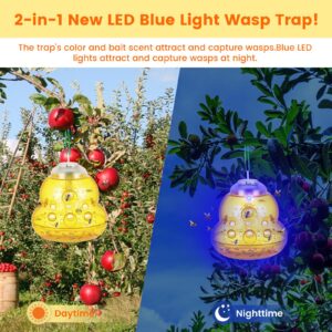 Solar Wasp Trap Outdoor Hanging, New Upgrade LED Blue Light Bee Traps Catcher, Wasp Insect Killer, Solar Panel Non-Toxic Reusable Hornet Yellow Jacket Trap for Garden, Yard (Yellow-2 Pack)