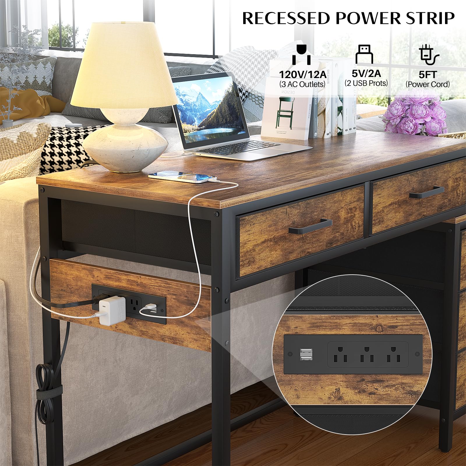 Hyomdeck Computer Desk with 5 Drawer, Reversible Office Desk with Power Outlets and USB Charging Port, Sturdy Writing Table with File Cabinet Printer Stand, PC Desk for Small Spaces, Rustic Brown