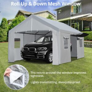 GarveeLife Carport 13x20FT, Heavy Duty Carport Canopy, Portable Garage with Removable Sidewalls & Doors, Roll Up Mesh Window, PE Waterproof Canopy, Reinforced Steel Pipes Tube Wall Thickness, Grey