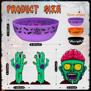 Tioncy 3 Set Large Halloween Candy Bowl with Spooky Zombie Head Hand,Plastic Trick Treat Candy Bowl Dish Halloween Serving Bowl Candy Holders Halloween Party Supplies Home Decor