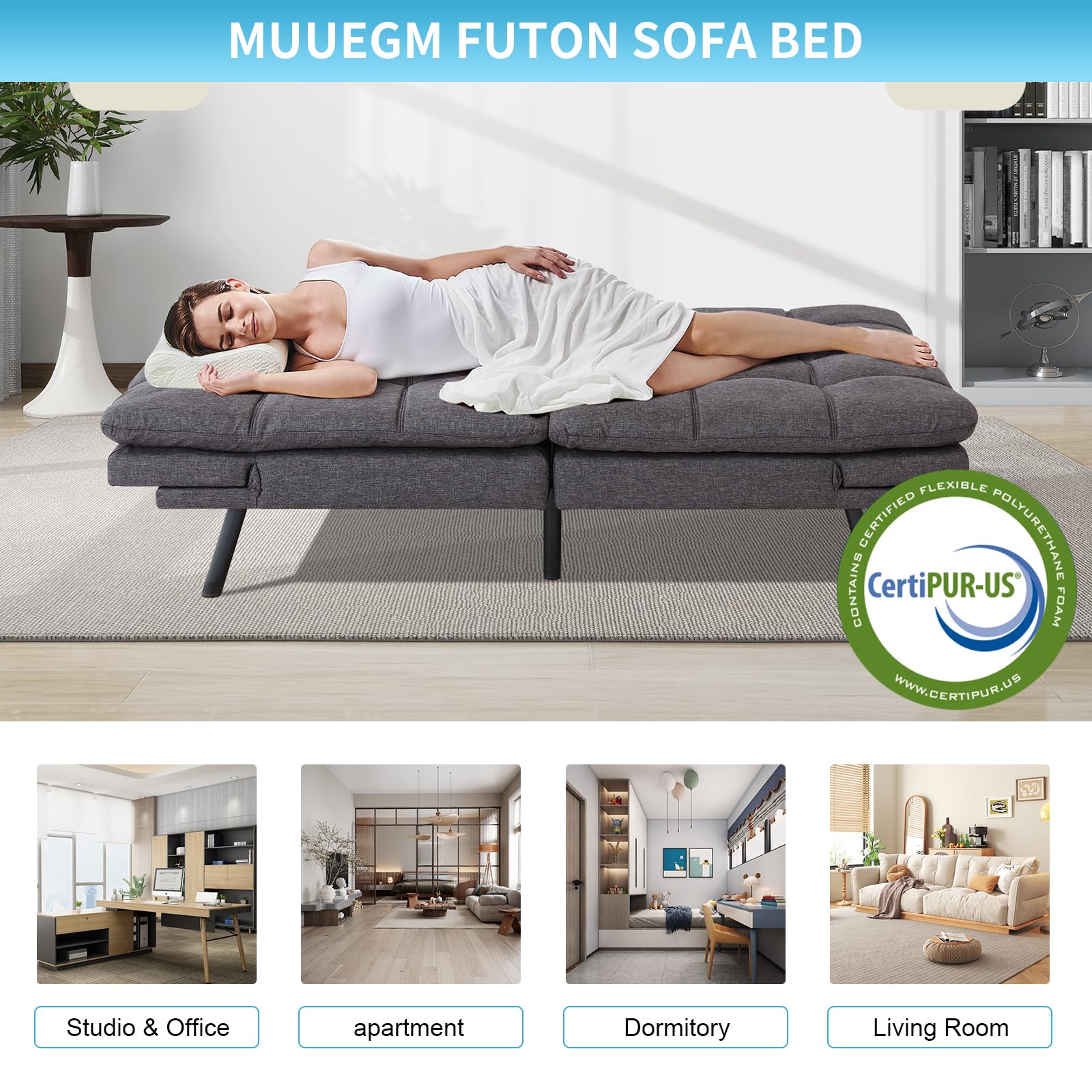 MUUEGM Futon Sofa Bed Couch, Memory Foam Futon Convertible Sofa Bed, 71″Fabric Futon with Convertible Backrest, Modern Loveseat Sofa, Sleeper Couch for Compact Space, Apartment, Living Room, Dark Grey