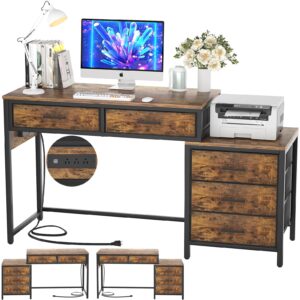 hyomdeck computer desk with 5 drawer, reversible office desk with power outlets and usb charging port, sturdy writing table with file cabinet printer stand, pc desk for small spaces, rustic brown