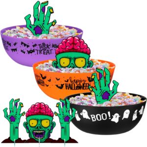 tioncy 3 set large halloween candy bowl with spooky zombie head hand,plastic trick treat candy bowl dish halloween serving bowl candy holders halloween party supplies home decor