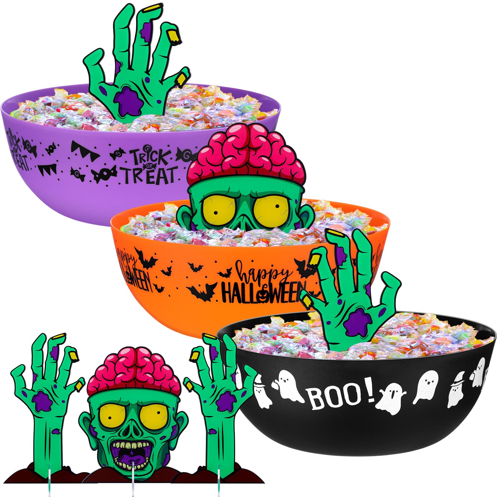 Tioncy 3 Set Large Halloween Candy Bowl with Spooky Zombie Head Hand,Plastic Trick Treat Candy Bowl Dish Halloween Serving Bowl Candy Holders Halloween Party Supplies Home Decor