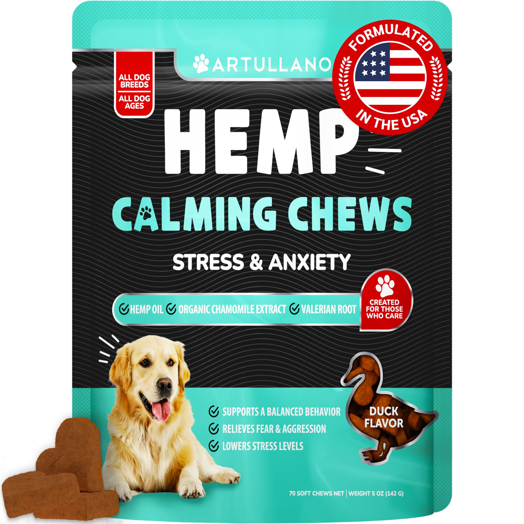 Artullano Hemp Calming Chews for Dogs - Advanced Dog Calming Treats - Dog Calming Chews - Anxiety Relief Treats - Thunderstorms, Separation Aid, Barking, Stress Relief - Hemp Oil - 70 Chews