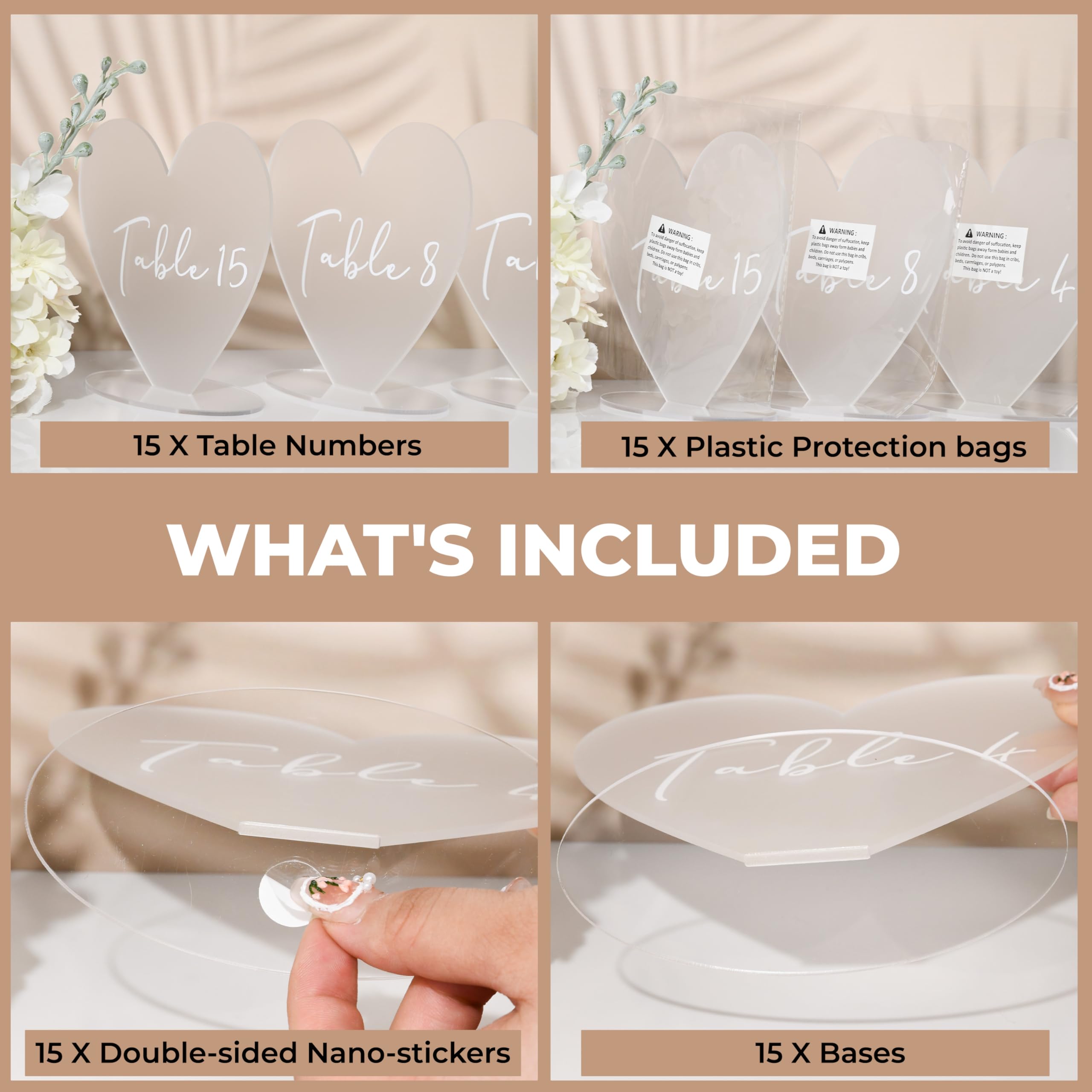 Velti, Heart-shaped acrylic wedding table numbers 1-15, 6.3 x 6 inch, Table signs for wedding, Frosted acrylic wedding table numbers, Table numbers for wedding reception.