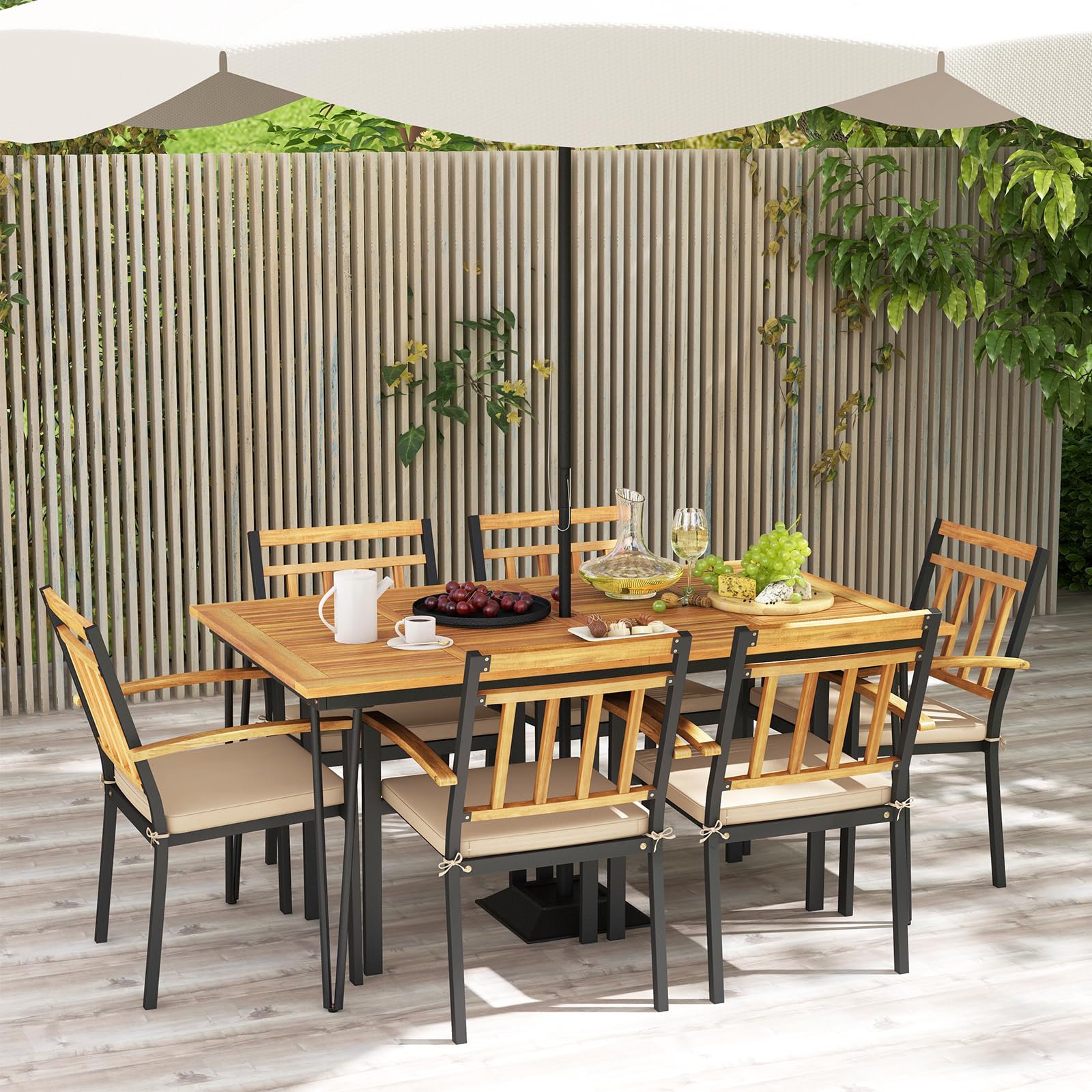 Tangkula 7 Pieces Patio Dining Set with Acacia Wood Dining Table & Armchairs, Soft Cushions, 2” Umbrella Hole, Outdoor Dining Furniture Set for Porch, Backyard, Garden, Poolside