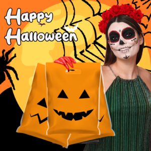 Locmeo 48 Pcs Large Plastic Halloween Pumpkin Gift Bags Bulk 12 x 15'' Halloween Trick or Treat Party Favors Bags with Handle Halloween Jack O Lantern Goodie Treat Bags for Halloween Party Decor