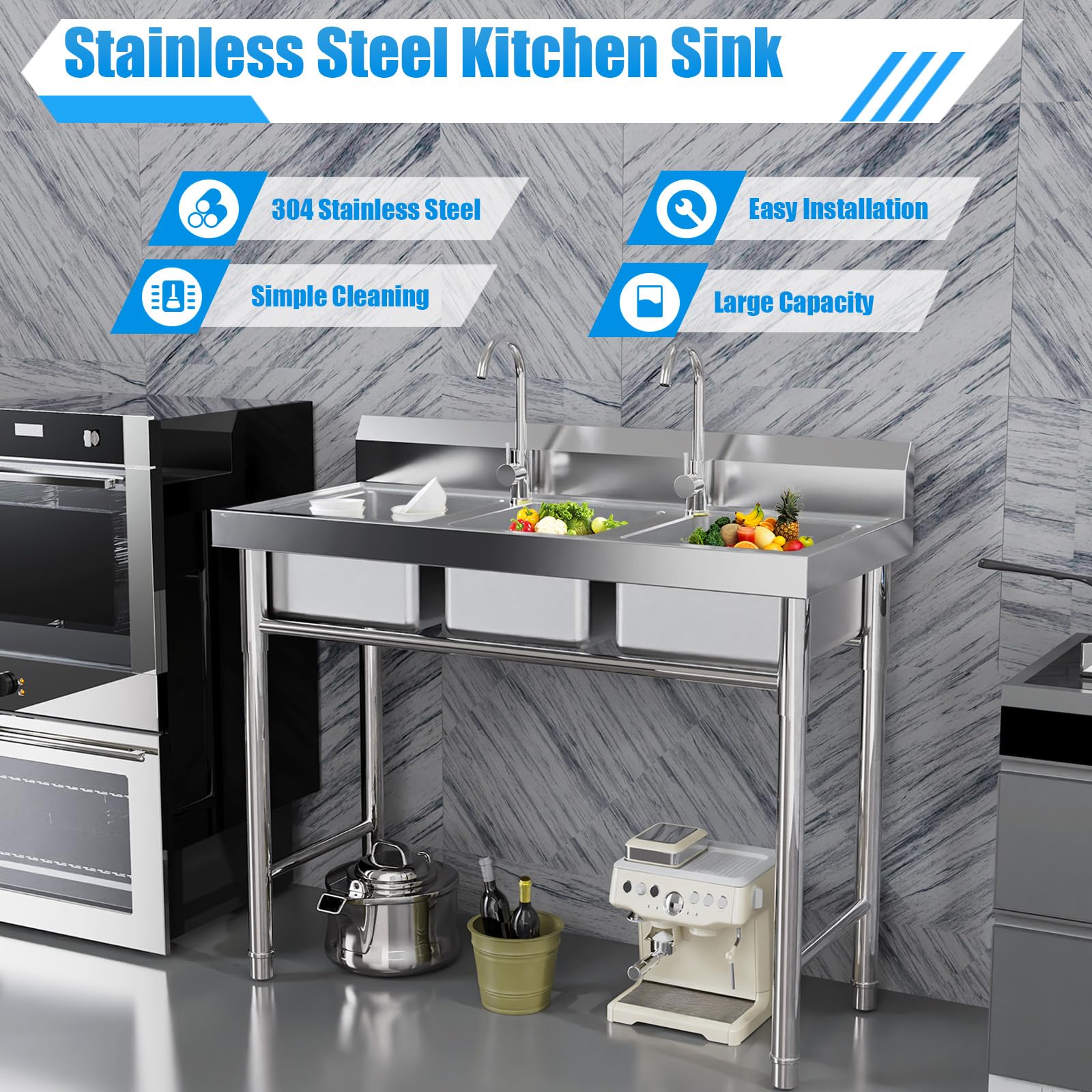 Bokknppo Freestanding Utility Sink 3-Compartment Commercial Sink 304 Stainless Steel Sink Station Set with Hot Cold Faucet Water Pipe Triple Bowl Kitchen Prep Sink,39 * 18 * 35.8in Silver