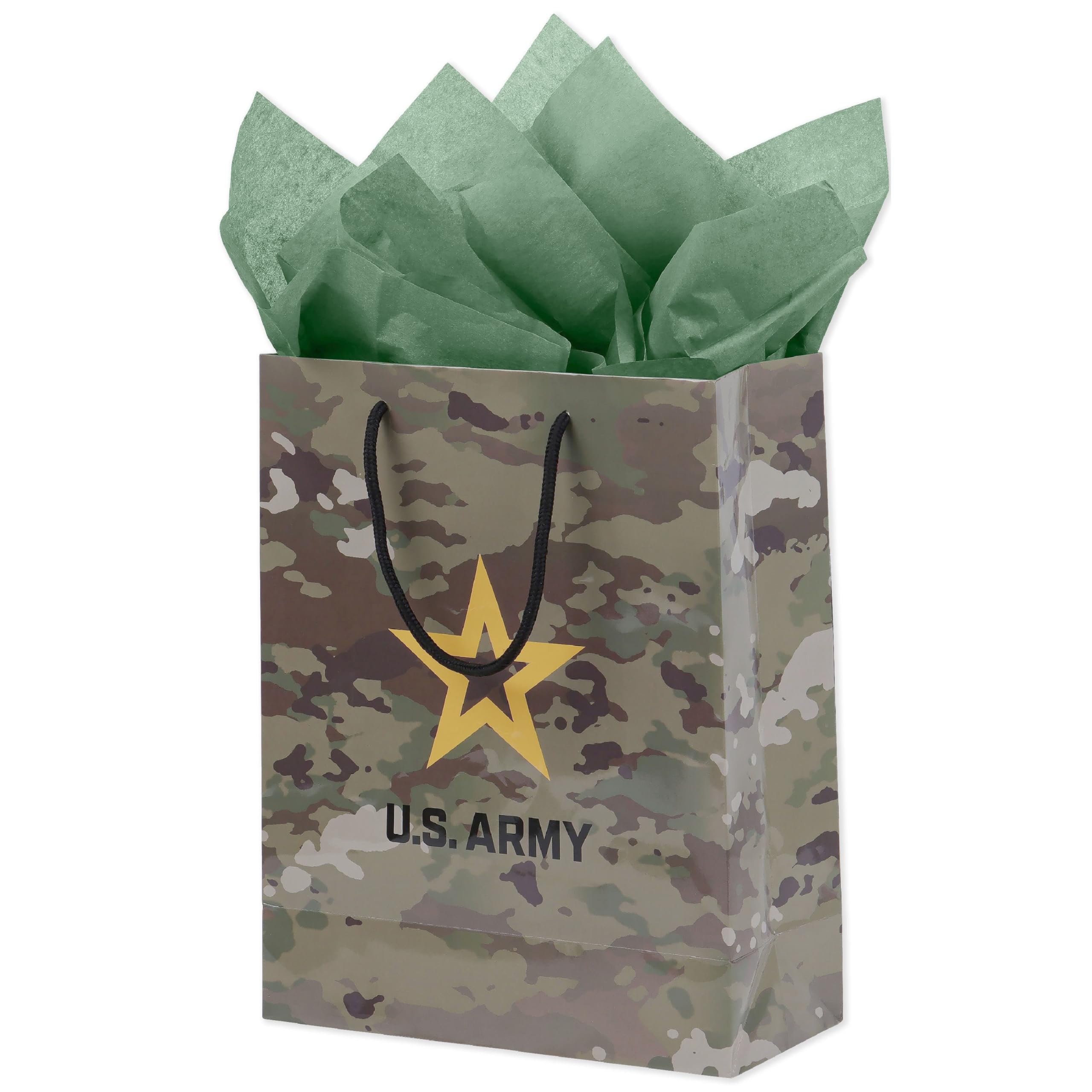 Havercamp U.S. Army Gift Bag (1) Durable Medium Gift Bag Includes 2 Hunter Green Tissue Papers, Black Rope Handles & Gift Tag, Army Themed Gift Bag, Veteran Gifts (Army Brown & Green)