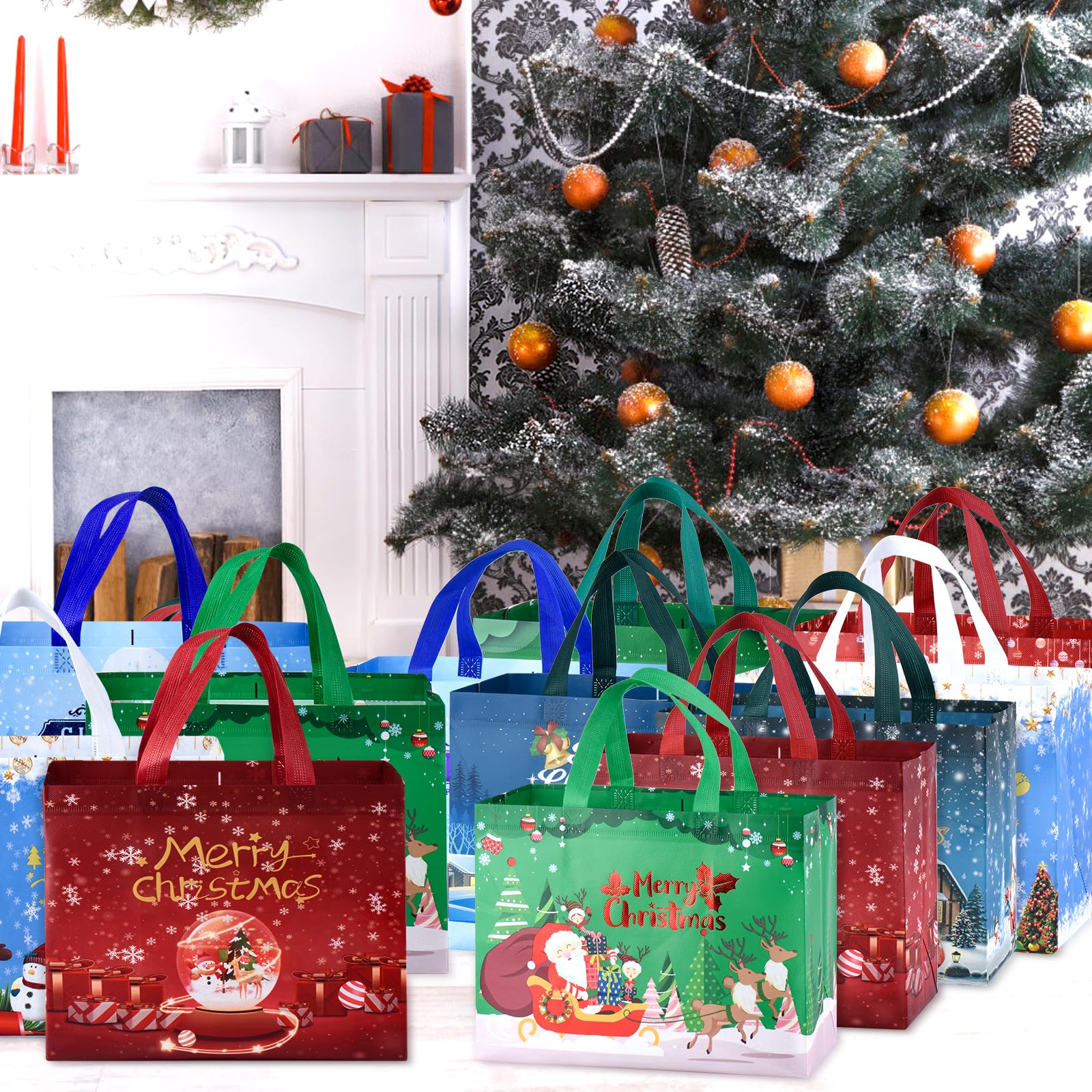 Tedmax Christmas Gift Bags,24pcs Christmas Treat Bags Non-woven Waterproof Christmas Goodie Bags,Reusable Christmas Bags Bulk Party Supplies Extra with 24Pcs Christmas Slap Bracelets,12.6"*6.7"*9.8