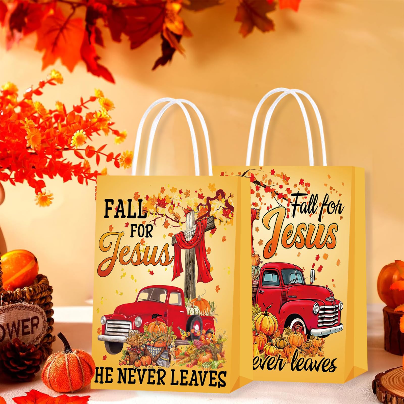 20Pcs Fall for Jesus He Never Leaves Gift Bags,Thanksgiving Gift Bags Pumpkin Autumn Maple Leaf Bible Decorations Christian Religion Gift Bags for Autumn Thanksgiving Day Party Decorations Jesus Party Supplies Gifts