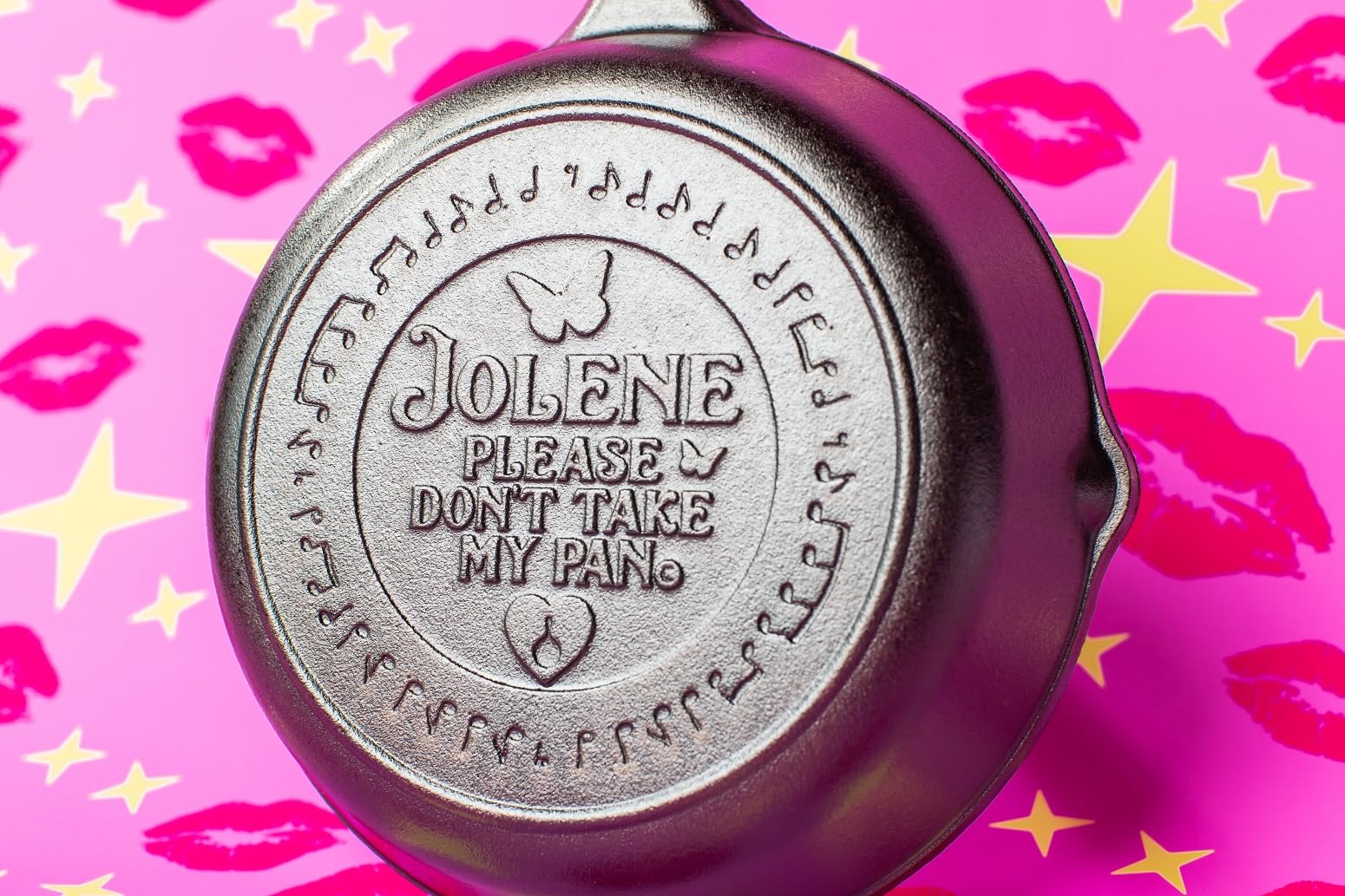 Lodge 8 Inch Dolly Parton Pre-Seasoned Cast Iron Stamped Skillet - Signature Teardrop Handle - Use in the Oven, on the Stove, on the Grill, or Over a Campfire - Jolene