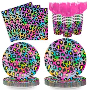 xienbloc 120pcs neon rainbow leopard birthday party supplies plates napkins cheetah girl's sparkly splatter paper tableware set disposable cups pink forks 24 guests