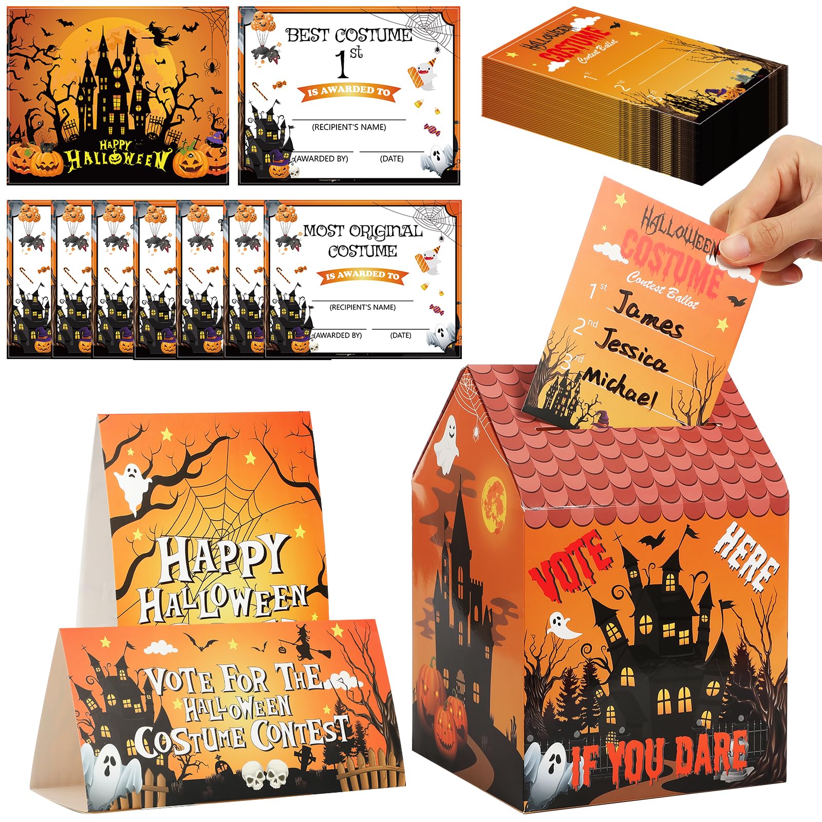 gisgfim 74Pcs Halloween Costume Contest Ballot Box Voting Box with Slot, 64 Voting Ballots Card 7 Winner Certificates 2 Table Signs kit for Halloween Costume Vote Awards Dress up Game Party Decoration