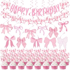 colingmill 41 pcs coquette bow birthday decorations includes 2 pcs pink bow birthday banner garland 15 pcs pink bow party hanging swirls 24 pcs bow cupcake toppers for wedding baby shower party decor