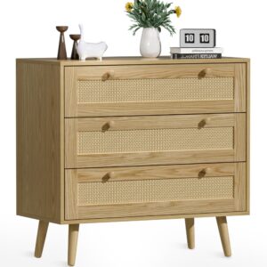 infurnic 3 drawer rattan dresser for bedroom, modern wooden dresser chest with handles for bedroom, hallway and living room, wood oak