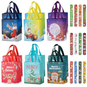 christmas gift bags,12pcs christmas treat bags non-woven waterproof christmas goodie bag,reusable christmas bags bulk party favors supplies extra with 12 pcs christmas slap bracelets,8.3"*4.7"*10"