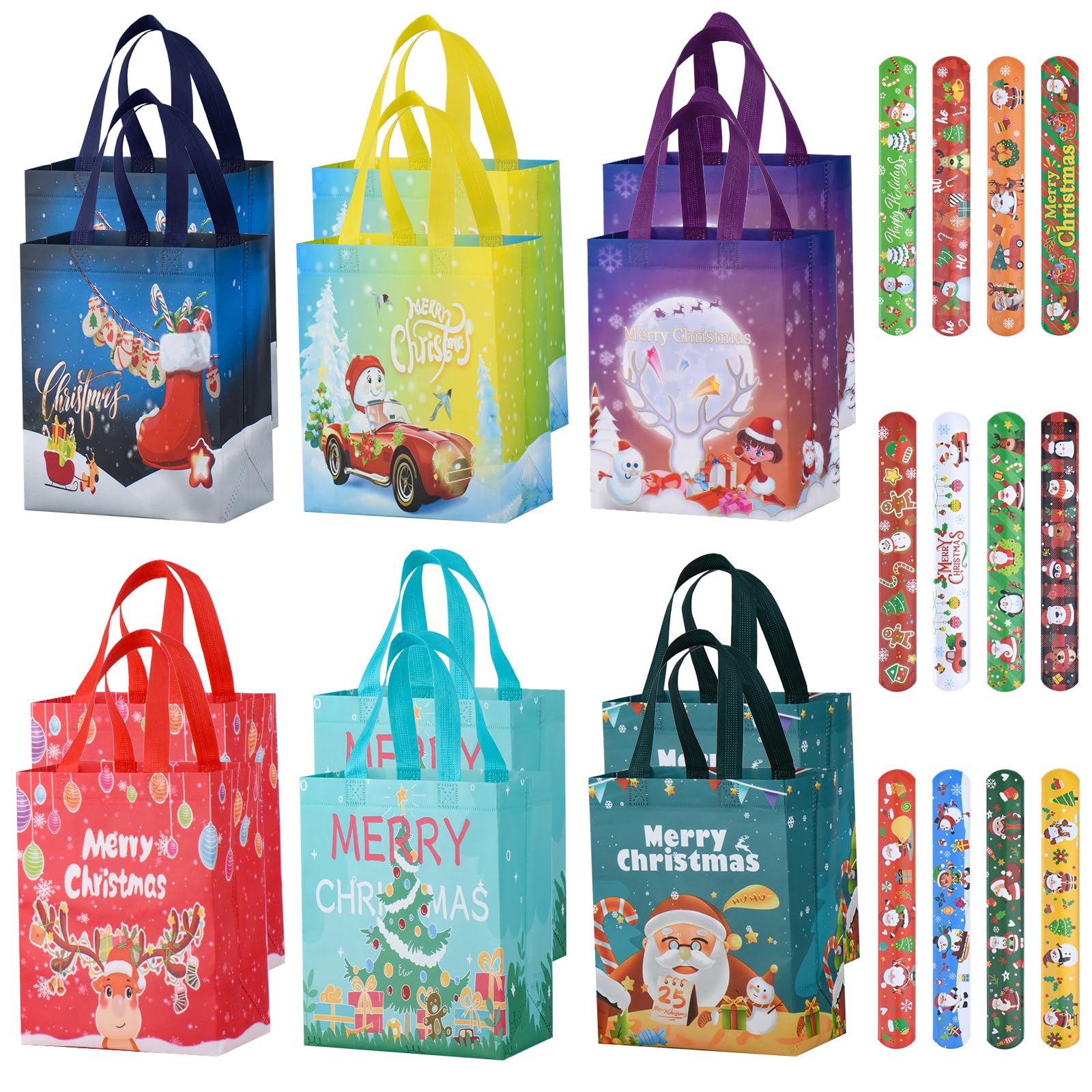 Christmas Gift Bags,12pcs Christmas Treat Bags Non-woven Waterproof Christmas Goodie Bag,Reusable Christmas Bags Bulk Party Favors Supplies Extra with 12 Pcs Christmas Slap Bracelets,8.3"*4.7"*10"