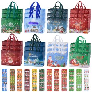 tedmax christmas gift bags,24pcs christmas treat bags non-woven waterproof christmas goodie bags,reusable christmas bags bulk party supplies extra with 24pcs christmas slap bracelets,12.6"*6.7"*9.8