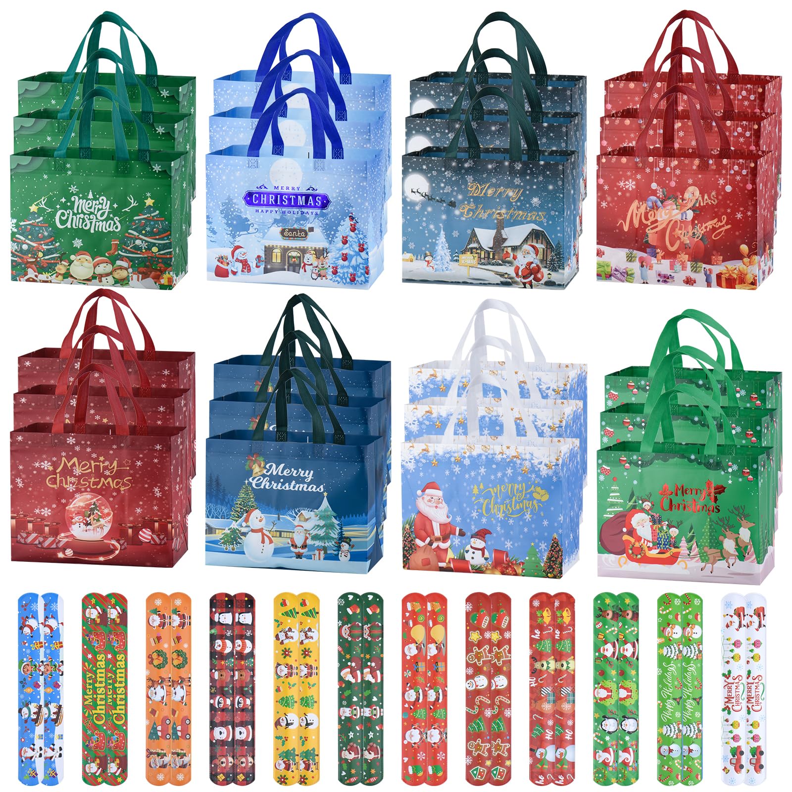 Tedmax Christmas Gift Bags,24pcs Christmas Treat Bags Non-woven Waterproof Christmas Goodie Bags,Reusable Christmas Bags Bulk Party Supplies Extra with 24Pcs Christmas Slap Bracelets,12.6"*6.7"*9.8