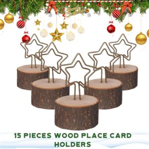 Teenyyou 15 Pcs Wood Table Number Holders Stands Christmas Wooden Base Place Card Holders Picture Holders for Centerpieces Rustic Iron Wire Picture Picks Clip Holder Stand (Star)