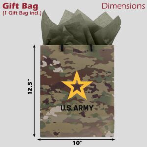 Havercamp U.S. Army Gift Bag (1) Durable Medium Gift Bag Includes 2 Hunter Green Tissue Papers, Black Rope Handles & Gift Tag, Army Themed Gift Bag, Veteran Gifts (Army Brown & Green)