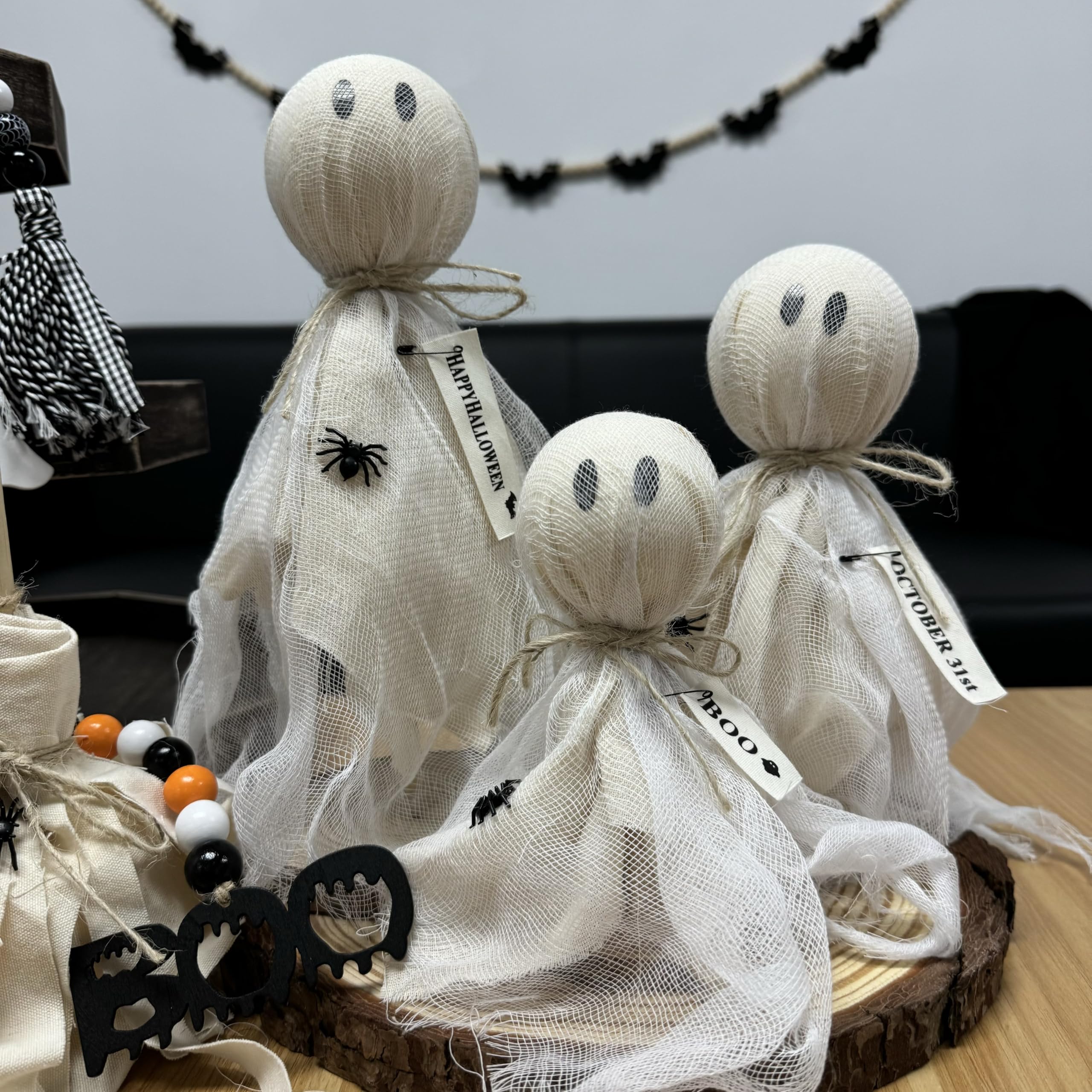 Seslust Set of 3 Primitive Halloween Ghosts on Wooden Stand - Spooky Table Centerpieces and Shelf Sitters for Indoor Halloween Decor