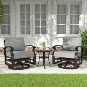 kurapika 3 pieces patio furniture set, outdoor aluminum swivel gliders rocker, patio bistro set rocking chair with thickened cushions and tempered glass side table for porch garden deck (grey)