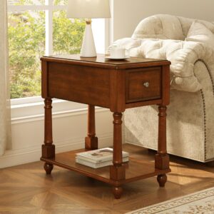 jesonvid narrow end table with drawer and shelf, solid wood sofa side table 2-tier skinny table with storage slim bedside table for small spaces living room-cherry brown