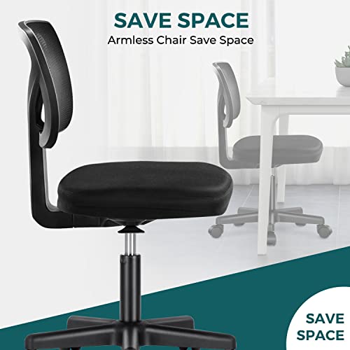 DUMOS Armless Desk Chairs with Wheels Cute Home Office Chair No Arms, Ergonomic Adjustable Swivel Rolling Task Chair, Comfy Mesh Mid Back Computer Work Vanity Chair for Small Spaces, Dark Black