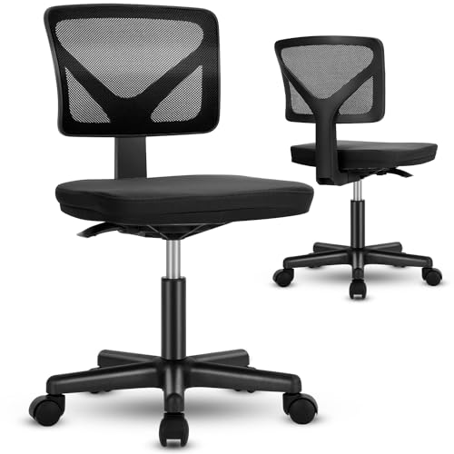 DUMOS Armless Desk Chairs with Wheels Cute Home Office Chair No Arms, Ergonomic Adjustable Swivel Rolling Task Chair, Comfy Mesh Mid Back Computer Work Vanity Chair for Small Spaces, Dark Black