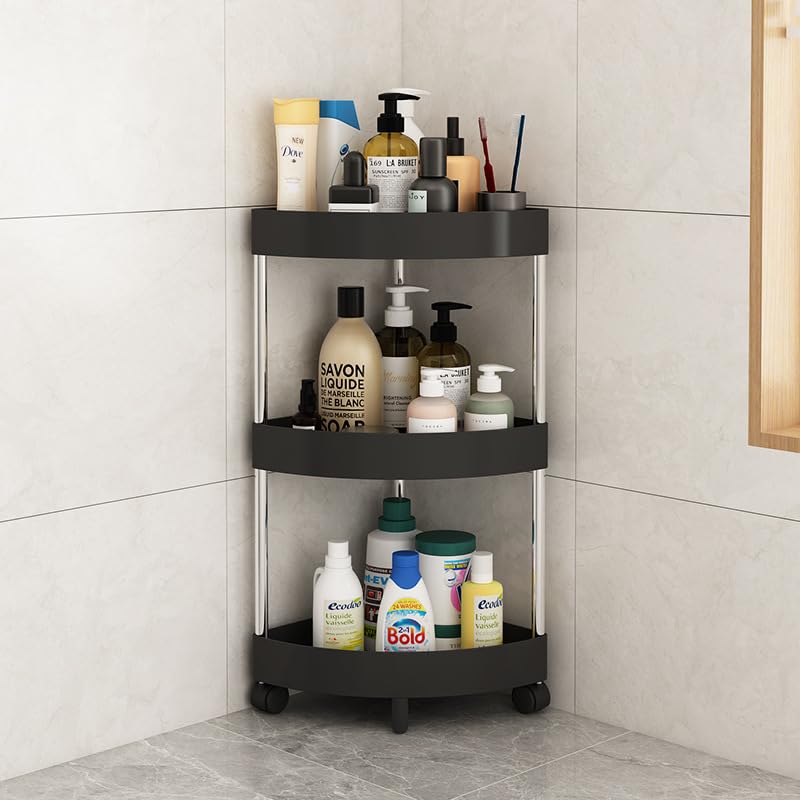 ANDSYYDS 3 Tier Shelf Bathroom Shelf Organizer Movable Universal Wheels Space Saving Corner Triangle Small Shelf Stand for Bathroom,Kitchen,Vanity Storage and Organizer (Black 3-Ply)