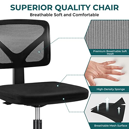 DUMOS Armless Desk Chairs with Wheels Cute Home Office Chair No Arms, Ergonomic Adjustable Swivel Rolling Task Chair, Comfy Mesh Mid Back Computer Work Vanity Chair for Small Spaces, Dark Black