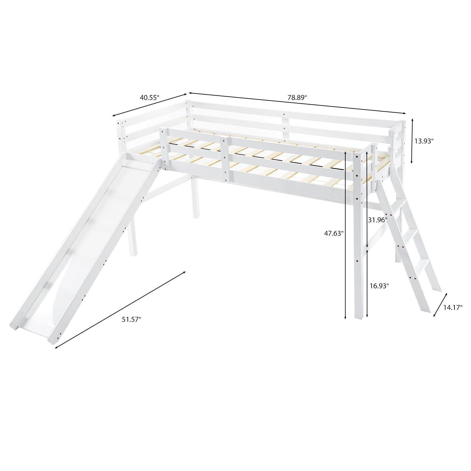 VINGLI Loft Bed with Slide, Twin, Space Saving Kids Low Loft Bed with Guardrail and Ladder, Pine Wood and Sturdy Bed Frame for Boys and Girls, White