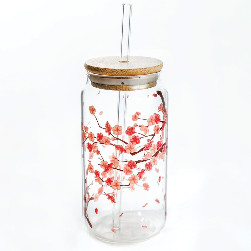 Aesthetic Cherry Blossom Glass Cup with Lid and Straw - Cute Coffee, Latte, Matcha Tumbler 16 oz - Floral Iced Coffee Cup - Preppy Birthday Gift for Women, Best Friends, Mom, Bridesmaid, Coffee Lover