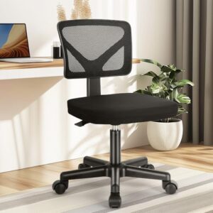 dumos armless desk chairs with wheels cute home office chair no arms, ergonomic adjustable swivel rolling task chair, comfy mesh mid back computer work vanity chair for small spaces, dark black