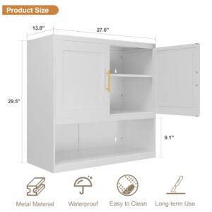 pozdeg Bathroom Cabinet Wall Mounted, 29.5" H Metal Hanging Cabinet with 2 Doors and 1 Adjustable Shelves, Space Saver Storage Cabinets for Bathroom Kitchen (White)