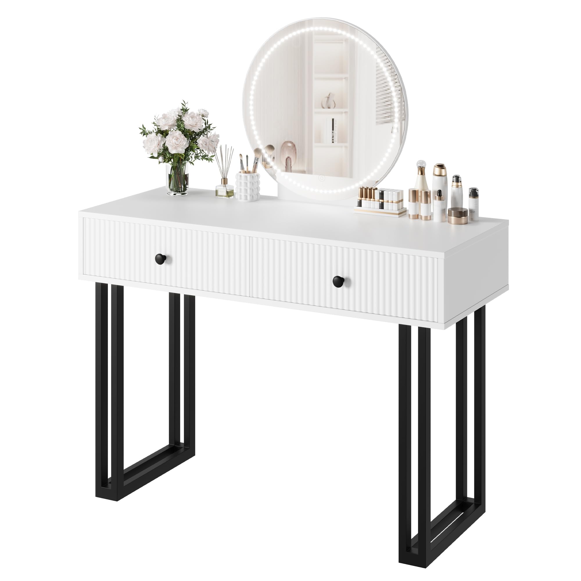 GarveeHome Vanity Desk with Mirror and Lights, Small Makeup Vanity with 2 Drawers, Modern Vanity Organizer with 3 Color Lights＆Adjustable Brightness, Dressing Table for Bedroom, White