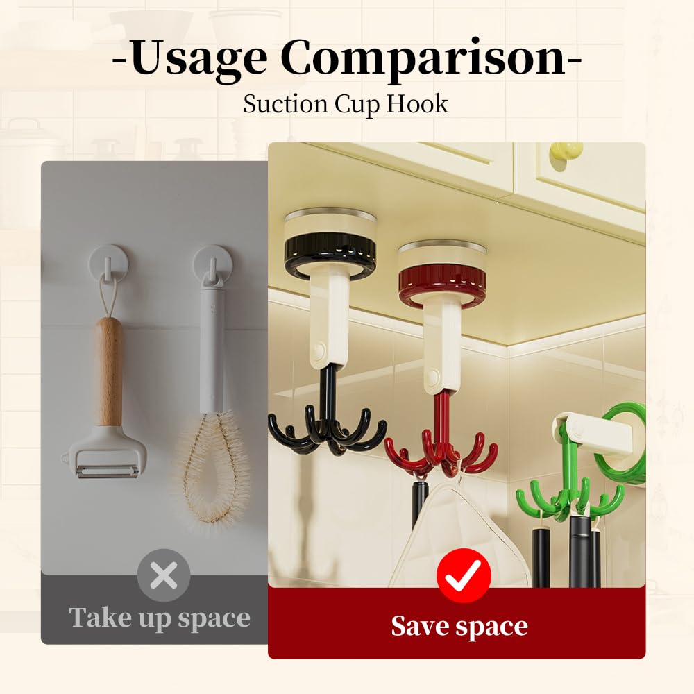 360 Degrees Rotating Folding Hook, 2024 New Suction Cup Hooks Under Cabinet Kitchen Hooks for Hanging Utensils, Utensil Rack Holder with 6 Hooks for Bathroom Towel Glass Window (Red & Black & Green)