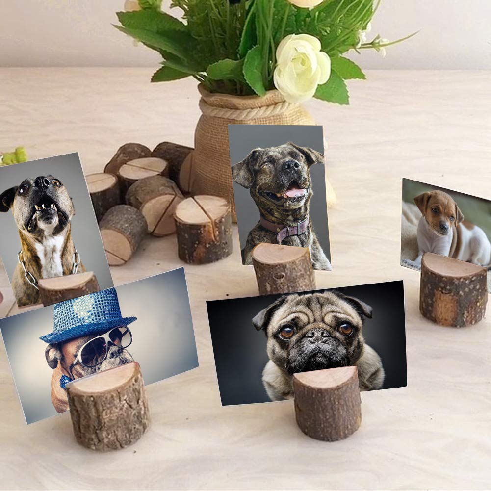 XIASABA Place Card Holders 10 Pcs Stump Shape Party Place Card Holder Stand Number Table Clip Card Holder Rustic Wooden Card Holders Mini Wood Place Card Holders